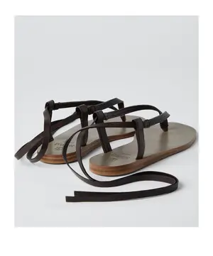 Brunello Cucinelli Ankle-tie Embellished Leather Flat Sandals