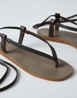 Brunello Cucinelli Ankle-tie Embellished Leather Flat Sandals
