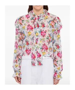 MSGM Floral Print Long Sleeve Tie Neck Shirt