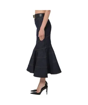 SELF-PORTRAIT Denim Fishtail Hem Midi Skirt