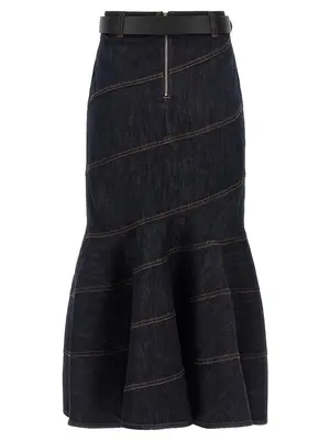 SELF-PORTRAIT Denim Fishtail Hem Midi Skirt - Black