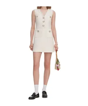 SELF-PORTRAIT Sleeveless Bouclé Mini Dress With Braided Trims And Gold Button Detailing