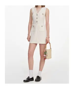SELF-PORTRAIT Sleeveless Bouclé Mini Dress With Braided Trims And Gold Button Detailing