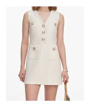 SELF-PORTRAIT Sleeveless Bouclé Mini Dress With Braided Trims And Gold Button Detailing