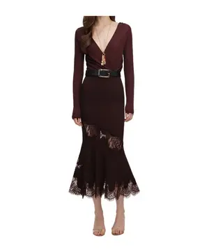 SELF-PORTRAIT Ribbed Knit Midi Skirt With Lace Inserts - Brown