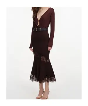 SELF-PORTRAIT Ribbed Knit Midi Skirt With Lace Inserts
