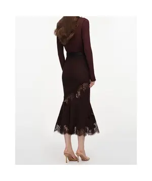 SELF-PORTRAIT Ribbed Knit Midi Skirt With Lace Inserts