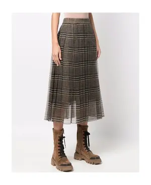 Brunello Cucinelli Pleated Checked Midi Skirt