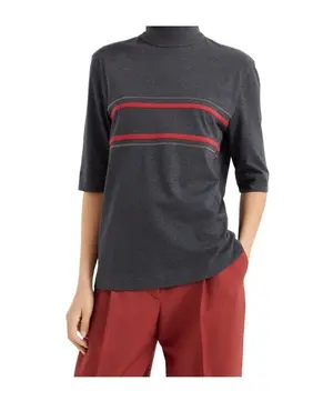 Brunello Cucinelli High Neck Striped Cotton Top
