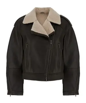 Brunello Cucinelli Shearling Collar Cropped Biker Jacket - Chocolate-colored