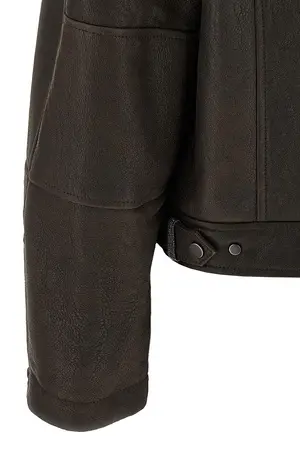 Brunello Cucinelli Shearling Collar Cropped Biker Jacket - Chocolate-colored
