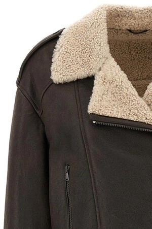Brunello Cucinelli Shearling Collar Cropped Biker Jacket - Chocolate-colored