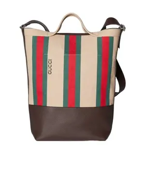 Gucci Gucci Large Striped Canvas And Leather Tote Bag Camel