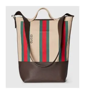 Gucci Large Striped Canvas And Leather Tote Bag - Camel