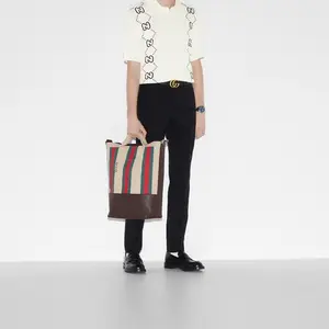 Gucci Large Striped Canvas And Leather Tote Bag - Camel