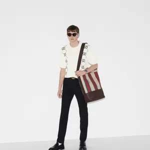 Gucci Large Striped Canvas And Leather Tote Bag - Camel
