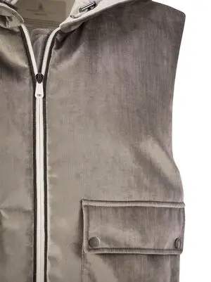Brunello Cucinelli Sleeveless Hooded Velvet Zip-up Jacket With Drawstring Hem