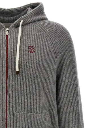 Brunello Cucinelli Logo Embroidered Zip-up Cardigan - Grey