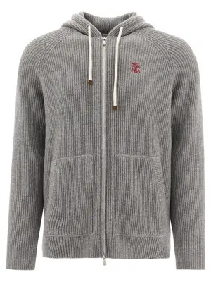 Brunello Cucinelli Logo Embroidered Zip-up Cardigan - Grey