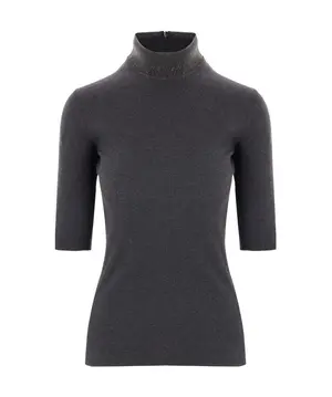 Brunello Cucinelli Monili Detailed Mock Neck Ribbed Top