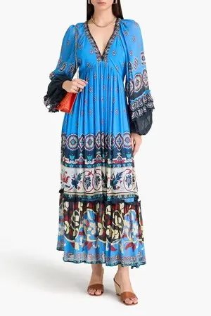 Farm Rio Gathered Printed Georgette Maxi Dress