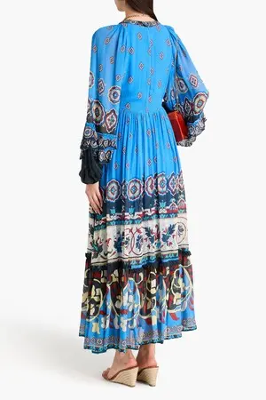 Farm Rio Gathered Printed Georgette Maxi Dress
