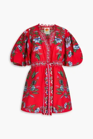 Farm Rio Guipure Lace Trimmed Floral Print Cotton Poplin Playsuit - Red