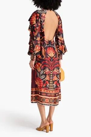 Farm Rio Ruffled Printed Satin Midi Dress