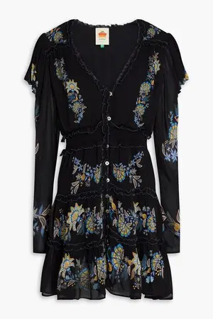 Farm Rio Ruffled Floral Print Crepe Mini Dress