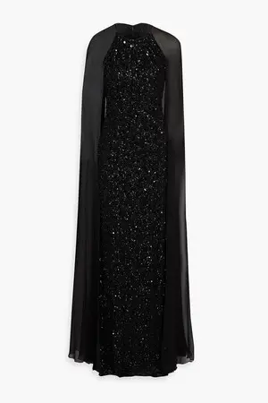 Jenny Packham Embellished Cape-effect Crepe And Chiffon Gown