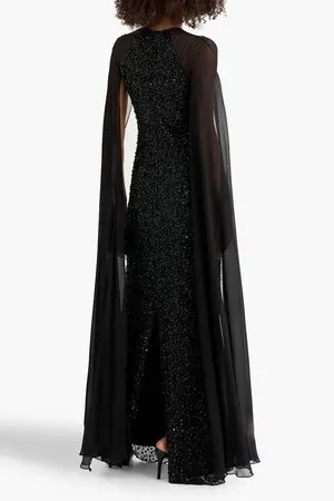 Jenny Packham Embellished Cape-effect Crepe And Chiffon Gown