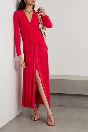 Farm Rio Gathered Stretch-jersey Midi Dress With Tasseled Ties