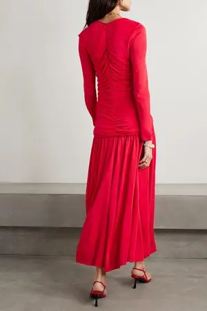 Farm Rio Gathered Stretch-jersey Midi Dress With Tasseled Ties
