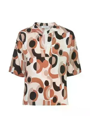 KANGRA Geometric Print V-neck Blouse - Neutrals