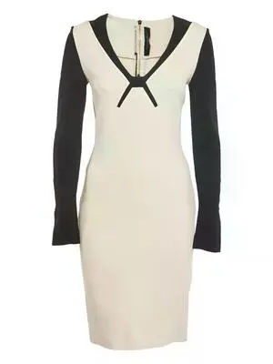 Roland Mouret Cream Crepe Dress With Black Paneled Sleeves And Bow Detail