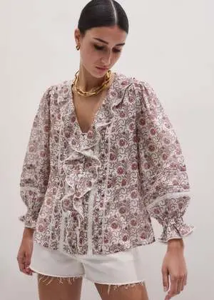 ME+EM Cotton Printed Ruffle Blouse