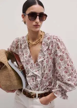 ME+EM Cotton Printed Ruffle Blouse - Light Cream/multi