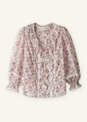 ME+EM Cotton Printed Ruffle Blouse
