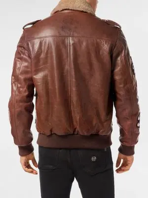 Philipp Plein Leather Aviator Bomber Jacket With Logo Patch And Shearling Collar