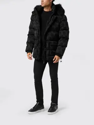 Philipp Plein Quilted Down Jacket With Embroidered Logo And Fur Hood