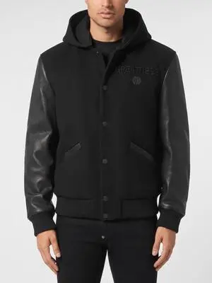 Philipp Plein Hooded Bomber Jacket With Leather Sleeves - Black