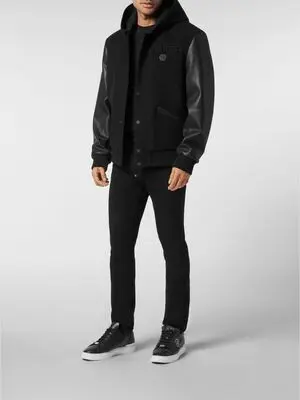 Philipp Plein Hooded Bomber Jacket With Leather Sleeves - Black