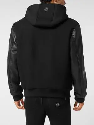 Philipp Plein Hooded Bomber Jacket With Leather Sleeves - Black