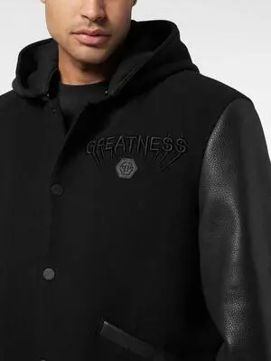 Philipp Plein Hooded Bomber Jacket With Leather Sleeves - Black