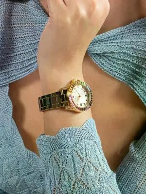 Guess Opaline 34mm Watch With Crystal Embellished Bezel - Gold