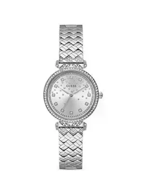 Guess Crystal Bezel Watch With Quilted Bracelet - Silver