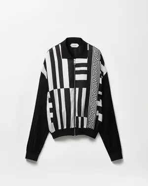 Versace Printed Silk Inserts Knit Zip Cardigan