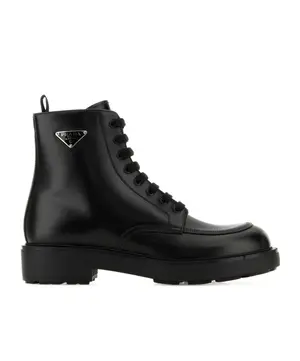 Prada Lace Up Logo Plaque Boots - Black