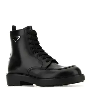 Prada Lace Up Logo Plaque Boots - Black