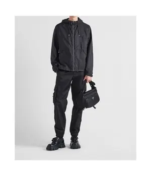 Prada Logo Plaque Zip-up Hooded Jacket - Black